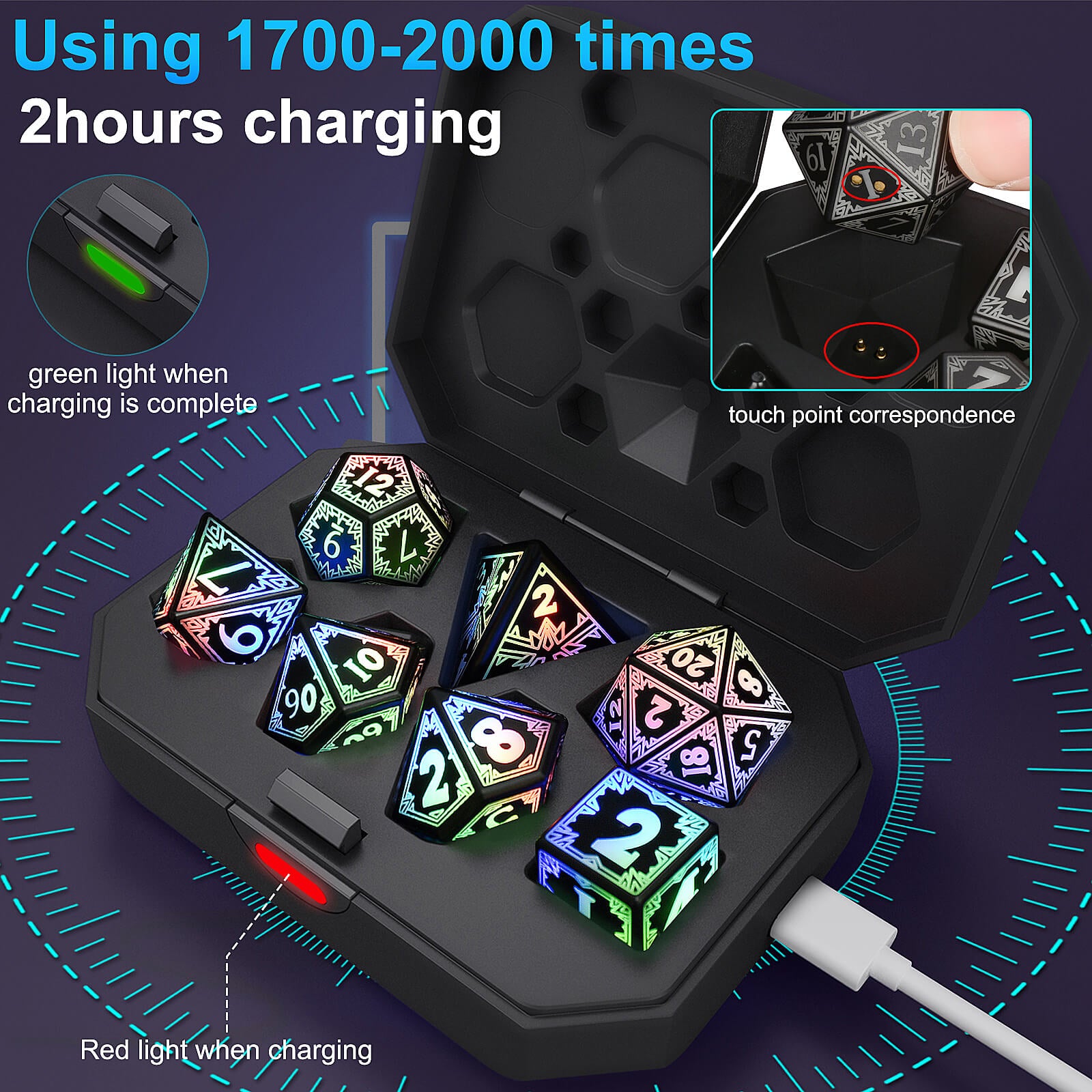 Polyhedral D&D Dice Sets Rechargeable Light up Dice 7 PCS LED Glowing ...