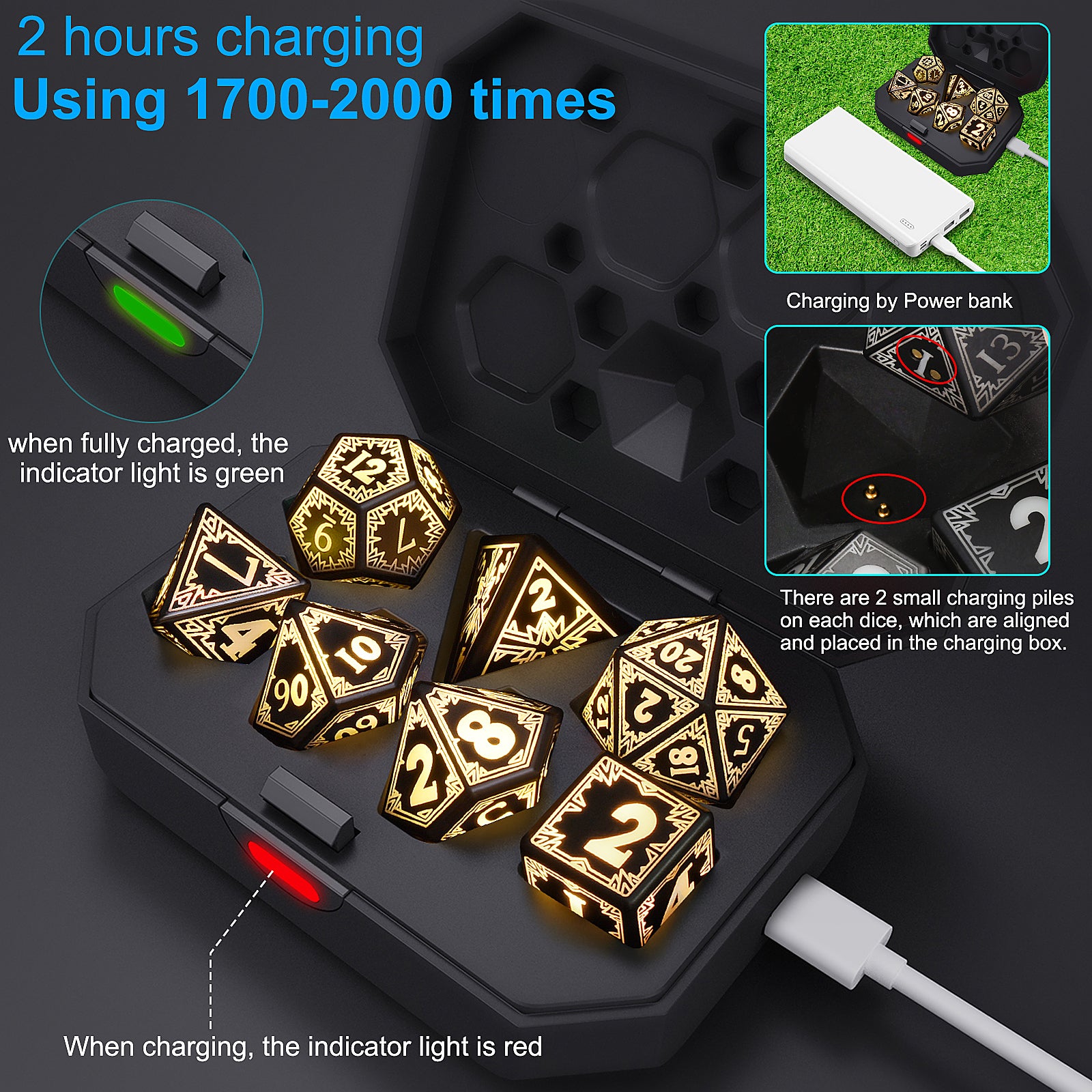 7pcs Cool Dnd Dice Glowing Dice Gift Set With Rechargeable Box Table ...