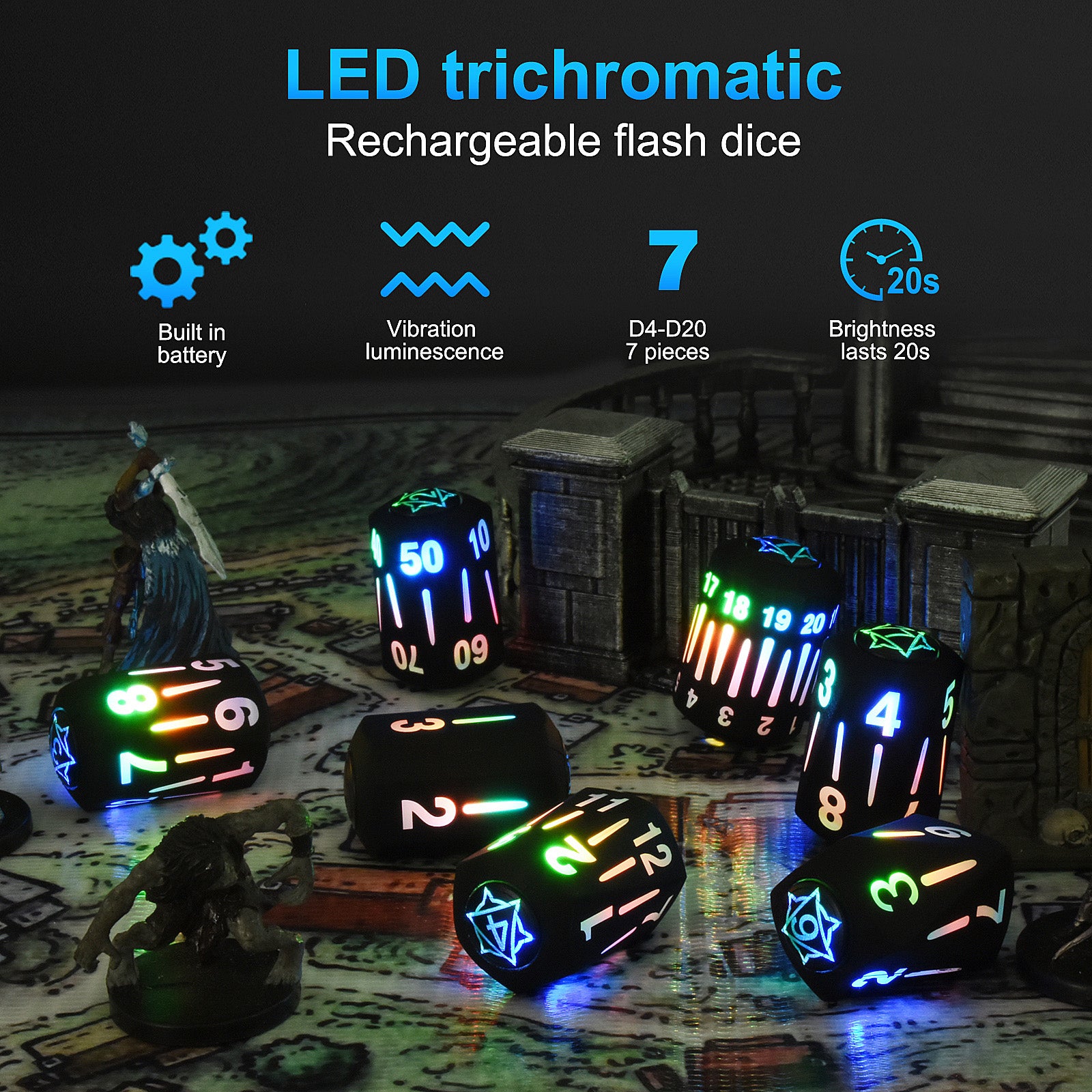 Silica Gel Dice 7 Pcs LED DND Dice Sets for D&D RPG Gifts (Black ...