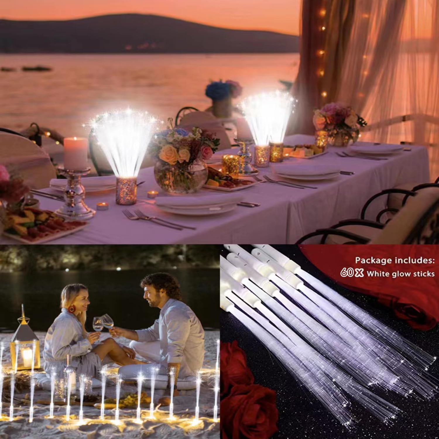 White Fiber Optic Wands Glow Sticks Party LED Light up Sticks with 3 M ...