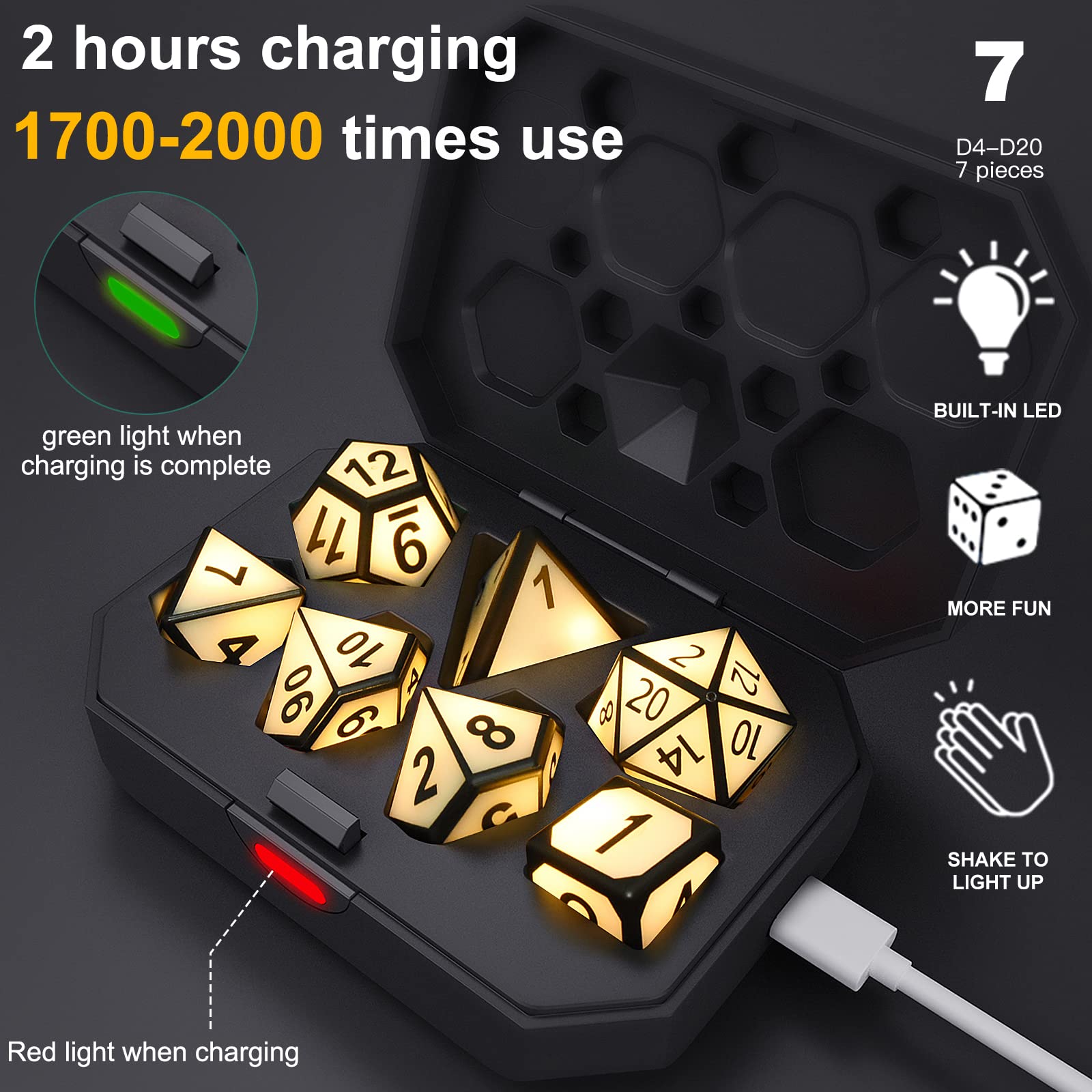 Light up LED DND Dice Sets of 7 Pack Rechargeable Electronic Dice with ...