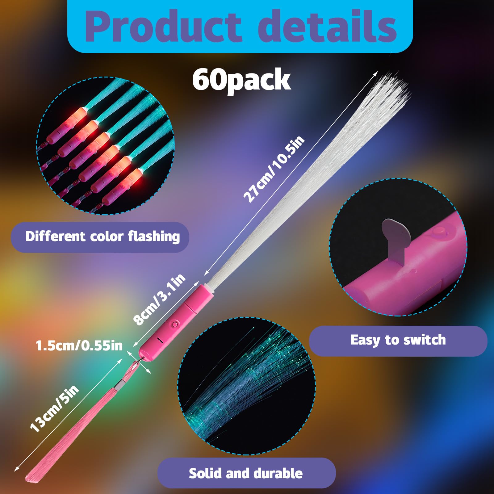 Pink LED Fiber Optic Stick 3 Modes Glow in The Dark Flashing Sparklers ...