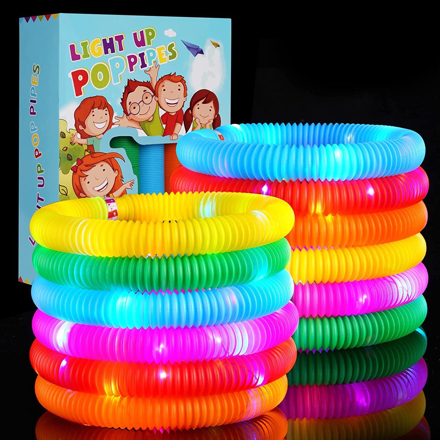 Light up Pop Tubes, 6 Colors LED Toy Fidget Glow Tube,Glow in The Dark ...