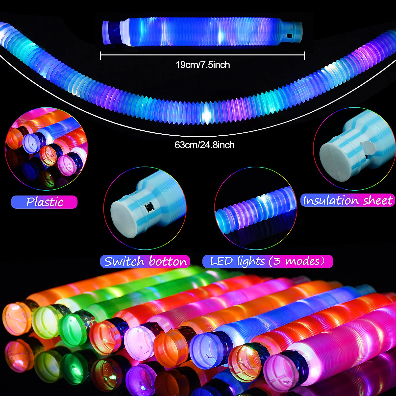 6 Colors LED Light up Fidget Tubes Party Favors LED Pop Tubes Glow in ...