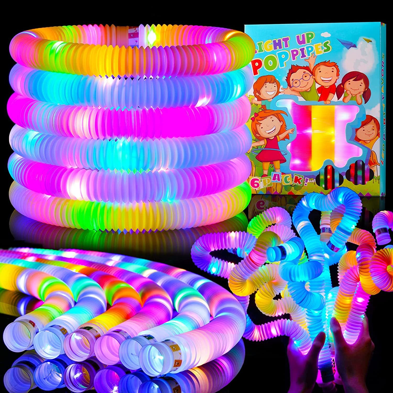 6 Colors LED Light up Fidget Tubes Party Favors LED Pop Tubes Glow in ...